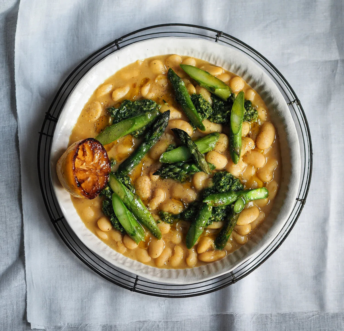 Bold Bean Co - Cacio e Pepe Beans with Grilled Asparagus + Basil Pesto