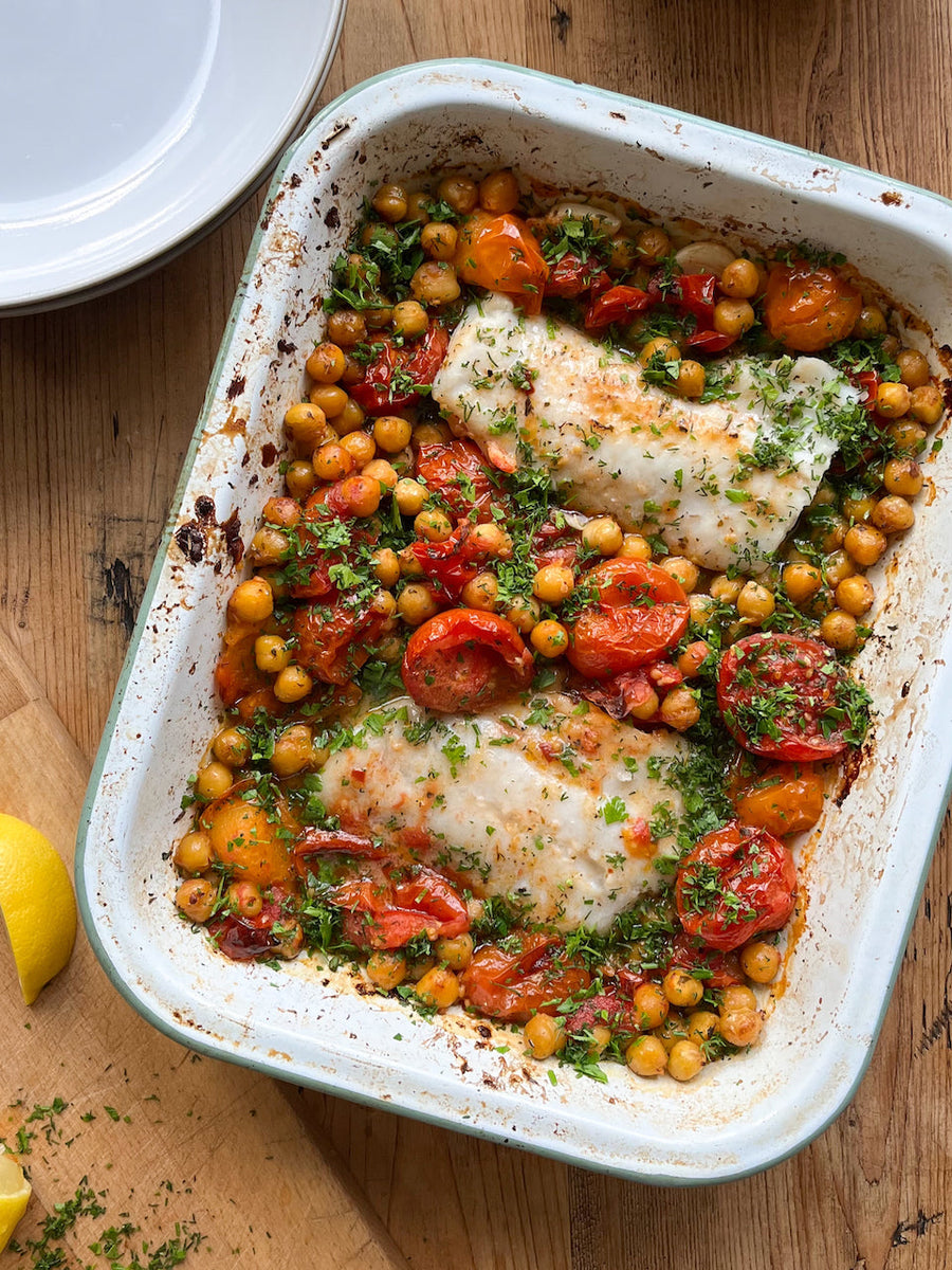 Bold Bean Co - Slow Roasted Confit Tomato, Chickpea + Hake Traybake
